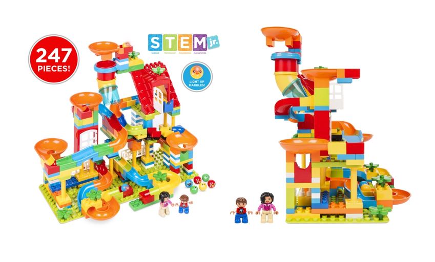 Kids 247-Piece Building Block Marble Run STEM Toy Track Set w Ramps, Slides