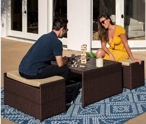 3-Piece Outdoor Wicker Coffee Table Conversation Set with Benches