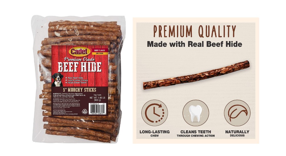 100 Pack Cadet Premium Grade Munchy Beef Hide Sticks Beef or Chicken Flavor